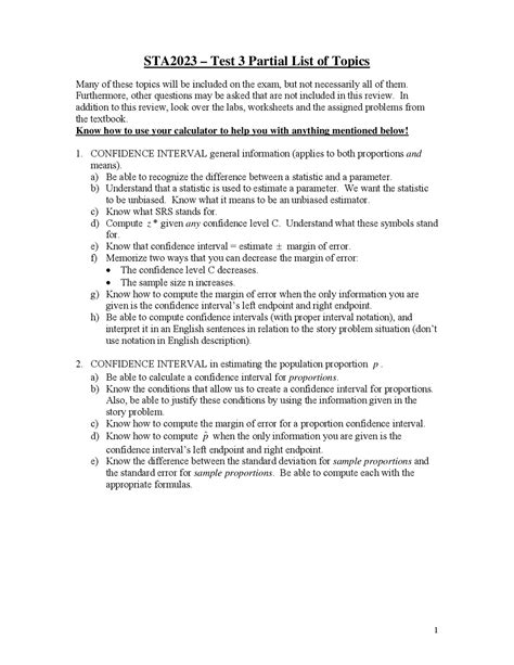 Exam 3 Partial List Of Topics Statistical Methods Sta 2023 Docsity