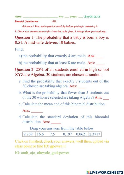Binomial Distribution Worksheet