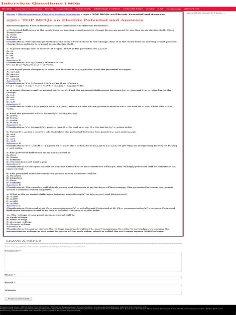 250 top mcqs on electric potential and answers 2023 pdf voltage multiple choice