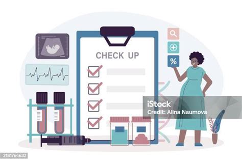 초음파 검사 혈액 및 소변 검사관 검진 결과 데이터가 있는 의료 양식 병원에서 정기 검사 종이 문서 근처에 서 있는 임산부 임신성당뇨병에 대한 스톡 벡터 아트 및 기타