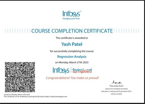 yash patel on linkedin regression analysis course certificate from infosys private…