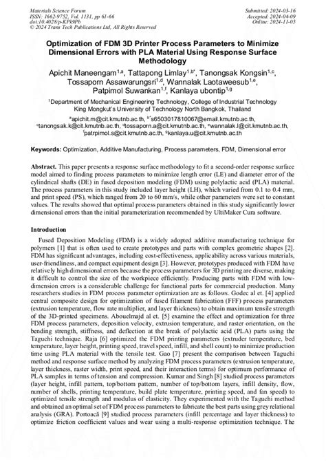 Optimization Of Fdm 3d Printer Process Parameters To Minimize Dimensional Errors With Pla