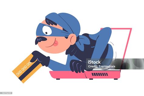 가면을 쓴 사이버 도둑이 노트북 컴퓨터에서 신용 카드를 훔치고 해커가 돈을 훔친다 사이버 보안 및 범죄 스파이 액세스 해커 공격 만화 벡터 일러스트레이션 가상현실에 대한