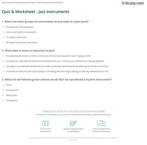 Quiz And Worksheet Jazz Instruments