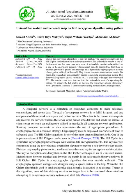 Pdf Unimodular Matrix And Bernoulli Map On Text Encryption Algorithm