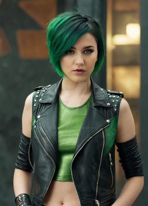 Green Hair Punk Girl In Leather 01 By Leatherindigiart On Deviantart