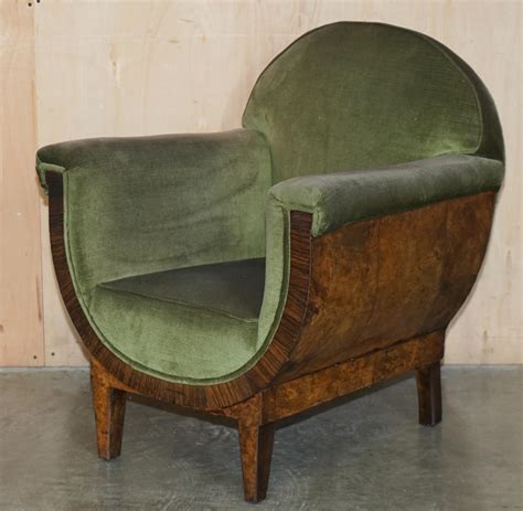 Pair Of Antique Art Deco Cir 1920 Burr Walnut Green Velour Armchairs