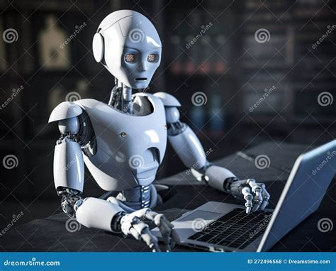 android artificial intelligence robot cyborg working on a laptop in