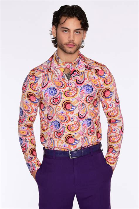 Mens Bright Paisley Shirt 70s Long Sleeve Gemini Paisley