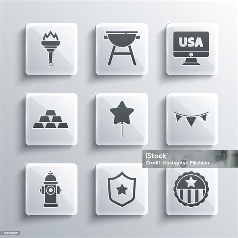 경찰 배지 별이 있는 메달 카니발 화환 깃발 풍선 소화전 금괴 횃불 불꽃 및 미국 모니터 아이콘을 설정합니다 벡터 갈란드 장식품에 대한 스톡 벡터 아트 및 기타 이미지