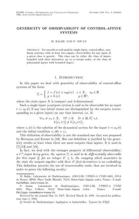 Pdf Genericity Of Observability Of Control Affine Systems