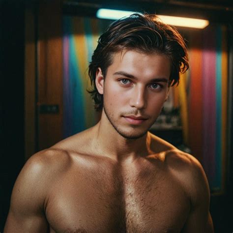 Shirtless Man In Neon Retro Setting