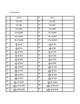 Place Value And Patterns Multiplying By 10 1 10 1 100 And 1 1000