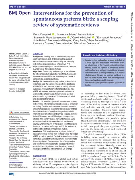 Pdf Interventions For The Prevention Of Spontaneous Preterm Birth A