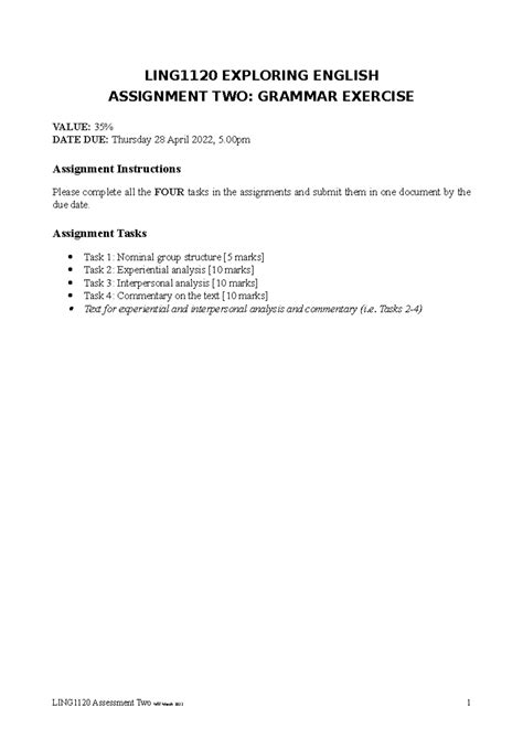 Ling1120 Assignment Two S1 2022 Ling1120 Exploring English Assignment Two Grammar Exercise