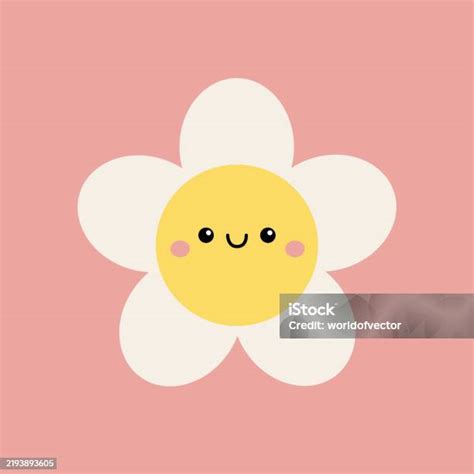 화이트 카모마일 데이지 와 웃는 얼굴 머리 와 카모마일 아이콘입니다 귀여운 Kawaii 만화 꽃 식물 컬렉션 사랑 카드 재밌는 캐릭터 성장하는 개념 어린아이 스타일 플랫
