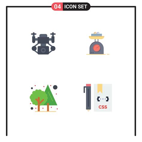 set of 4 vector flat icons on grid for action tree machine weight code