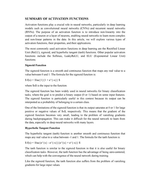 Summary Of Activation Functions SUMMARY OF ACTIVATION FUNCTIONS Activation Functions Play A