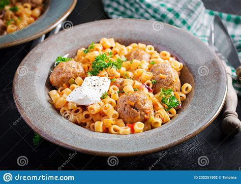 Italian Traditional Ditalini Pasta With Meatballs In Tomato Sauce And