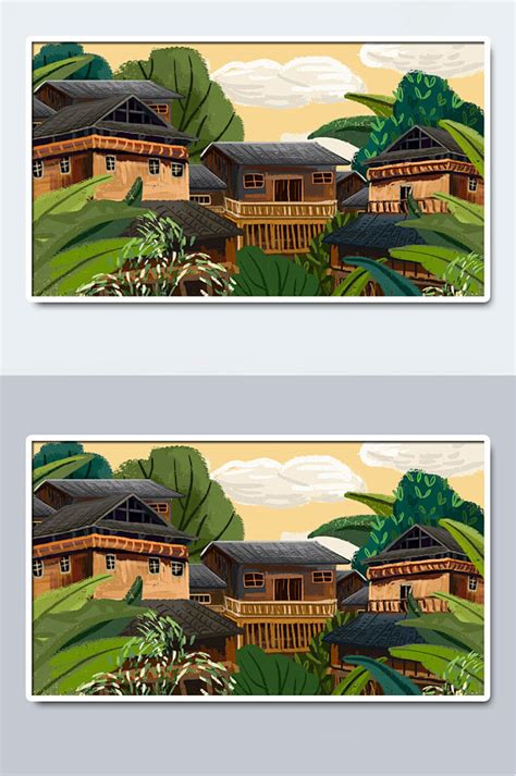 湘西少数民族苗族吊楼插画