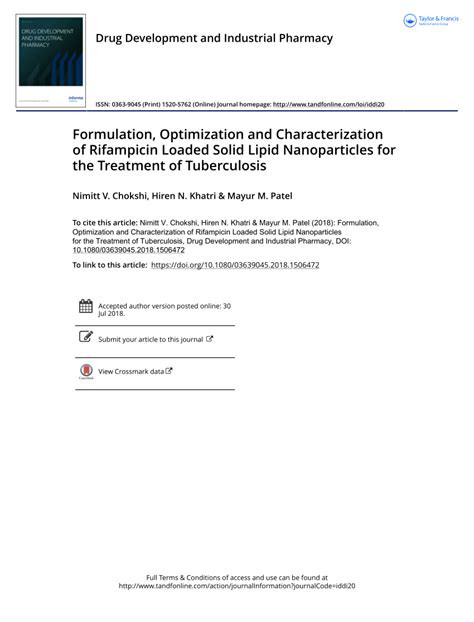 Pdf Formulation Optimization And Characterization Of Rifampicin Loaded Solid Lipid