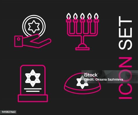 다윗의 별 툼스톤 하누카 메노라 동전 손 아이콘이 있는 라인 유대인 키파를 설정합니다 벡터 공휴일에 대한 스톡 벡터 아트 및