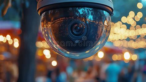Surveillance Camera Monitors Safety Of Summer City Festival With Large Crowd Of People Ensuring