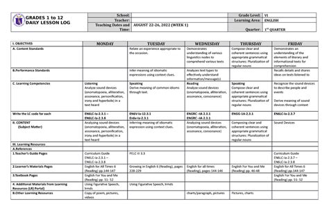Dll English 6 Q1 W1 Week 6 Daily Lesson Log For Grade 6 Grades 1 To
