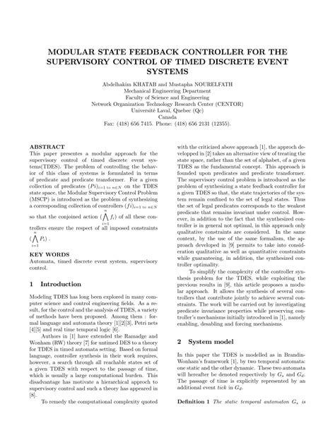 Pdf Modular State Feedback Controller For The Supervisory Control Of