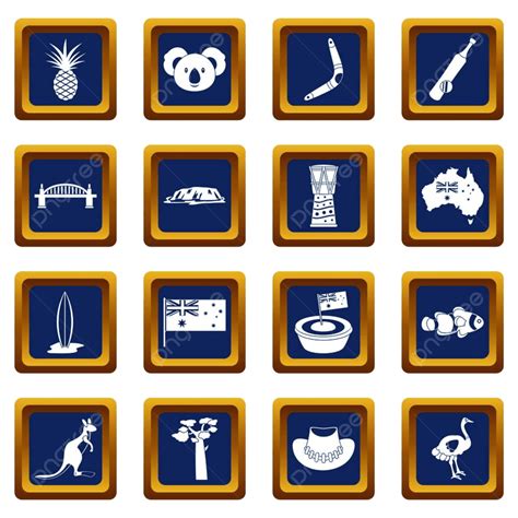 웹 및 모든 디자인에 대 한 파란색 격리 된 벡터 일러스트 레이 션 설정 호주 여행 아이콘 경계표 외딴 예약 Png 일러스트 및 벡터 에 대한 무료 다운로드