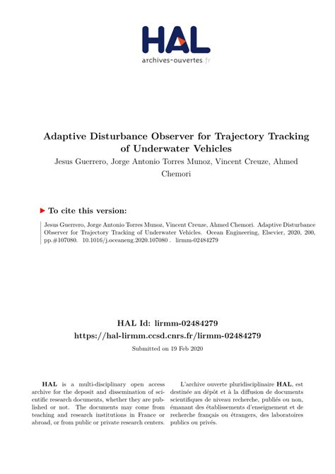 Pdf Adaptive Disturbance Observer For Trajectory Tracking Control Of Underwater Vehicles