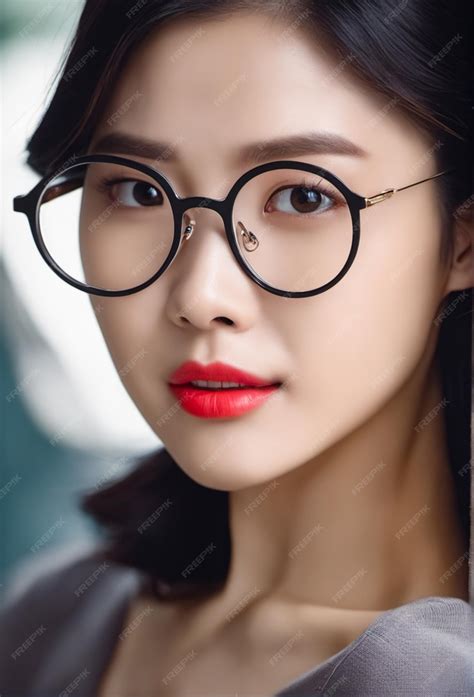 Premium Ai Image Beautiful Model Of Asian Use Eyeglass And Red Lips