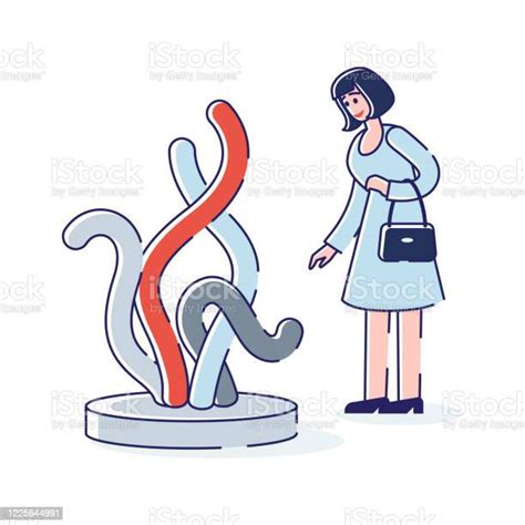 현대 미술 개념 여성은 미술관을 방문하고 패션 아트 전시회를 보고 존경하며 박물관에서 창의적인 작품을 검토하거나 전시합니다 만화