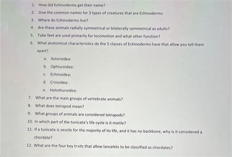 solved 1 how did echinoderms get their name 2 give the