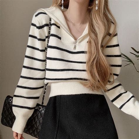 아이메리 데일리굿핏예쁨 빅 카라 터틀넥 목폴라 스트라이프 반오픈 집업 스트라이프 니트 연말룩 아이메리 위시버킷