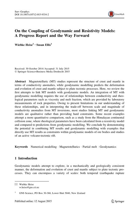 Pdf On The Coupling Of Geodynamic And Resistivity Models A Progress Report And The Way Forward