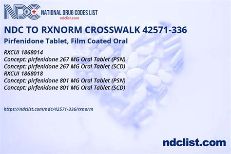 Ndc Rxnorm Crosswalk 42571 336 Pirfenidone Tablet Film Coated Oral