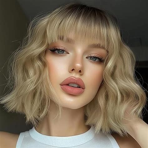 Aisi Hair Ombre Blonde Mix Wigs With Bangs Short Wavy Bob Wig For Women Synthetic