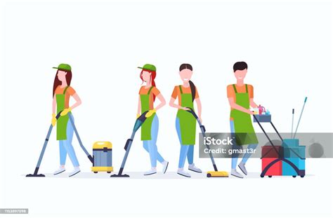 쉼터 팀 청소 서비스 개념 남성 여성 청소기 유니폼 직업적인 장비와 함께 작업 평면 전체 길이 수평 가사 집안일에 대한 스톡 벡터 아트 및 기타 이미지 Istock