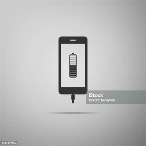 스마트폰 배터리 충전 아이콘 회색 배경에 고립입니다 전화는 낮은 배터리 충전과 Usb 연결 평면 디자인입니다 벡터 일러스트 레이 션 Usb 케이블에 대한 스톡 벡터 아트 및