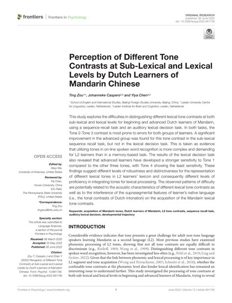 Pdf Perception Of Different Tone Contrasts At Sub Lexical And Lexical