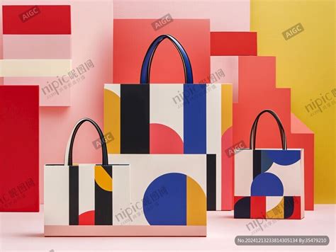 Ai创作图创意几何手提袋设计 礼盒手袋设计 字母手提袋设计 手袋包装设计 色块拼接包装 创意手提袋设计 彩色线条手提袋 抽象手提袋 女包品牌形象 爱马仕包装 纸袋包装设计 抽象艺术购物袋 彩色