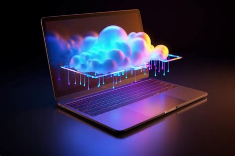 Premium Photo Close Up Of Laptop Computer With Hologram Glowing Cloud Hologram