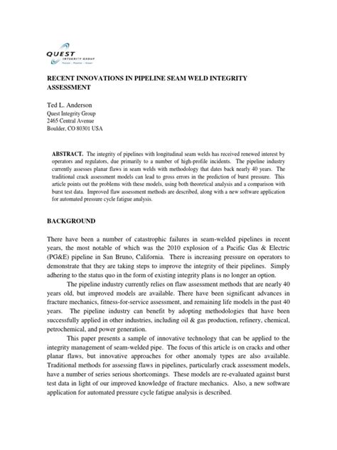 Recent Innovations In Pipeline Seam Weld Integrity Assessment Pdf Pdf