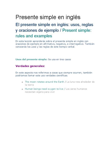 Estructura Y Usos Del Presente Simple Pdf Verbo Mecánica Del Lenguaje