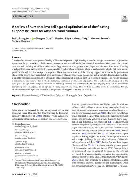 Pdf A Review Of Numerical Modelling And Optimisation Of The Floating Support Structure For