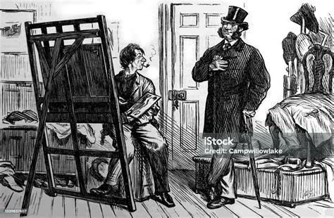 영국 풍자 만화 캐리커처 일러스트레이션 모자를 쓴 남자가 긴 코트를 입고 페인팅된 초상화를 위해 포즈를 취하는 모습을 하고