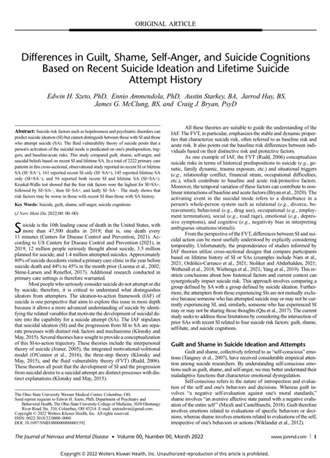 Pdf Differences In Guilt Shame Self Anger And Suicide Cognitions Based On Recent Suicide