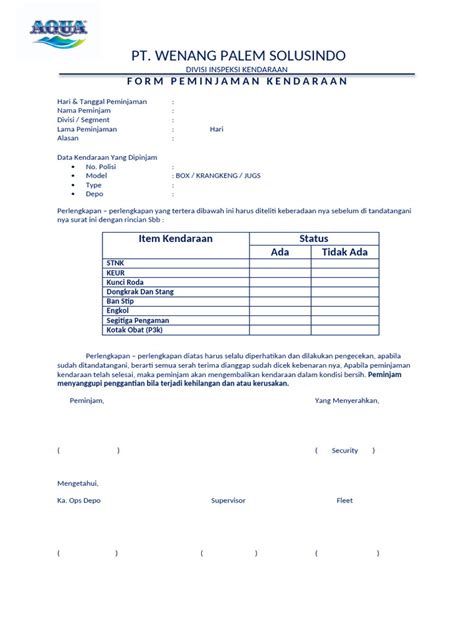 Form Peminjaman Backup Kendaraan Pdf