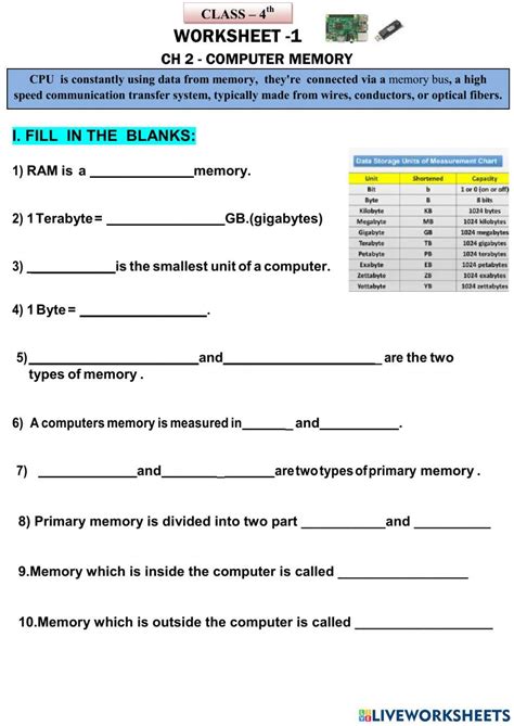 Class 4 Worksheet 1 Ch 2 Computer Memory Online Exercise For